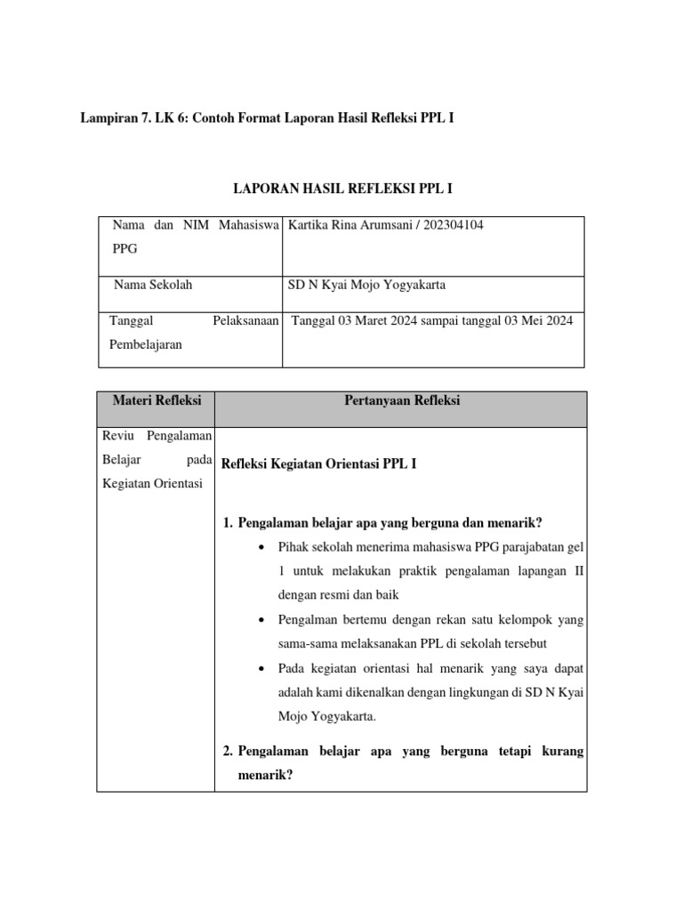 Lampiran 7. LK 6 Contoh Format Laporan Hasil Refleksi PPL II | PDF