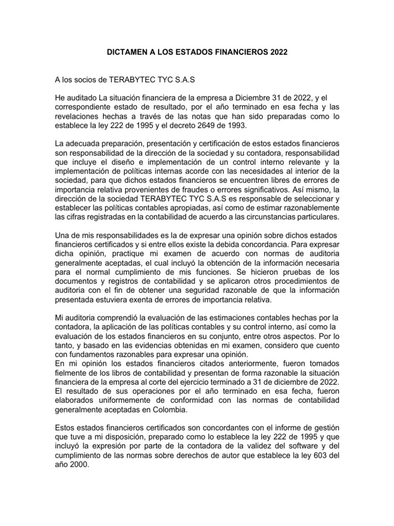 DICTAMEN A LOS ESTADOS FINANCIEROS 2022 | PDF | Auditoría | Contabilidad