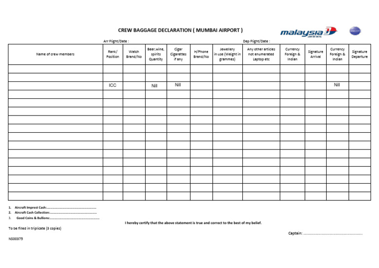 Bom Crew Baggage Declaration | PDF | Currency | Aviation Accidents And ...