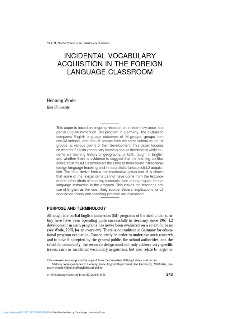 Incidental Vocabulary Acquisition in The Foreign Language Classroom | PDF | Second Language ...