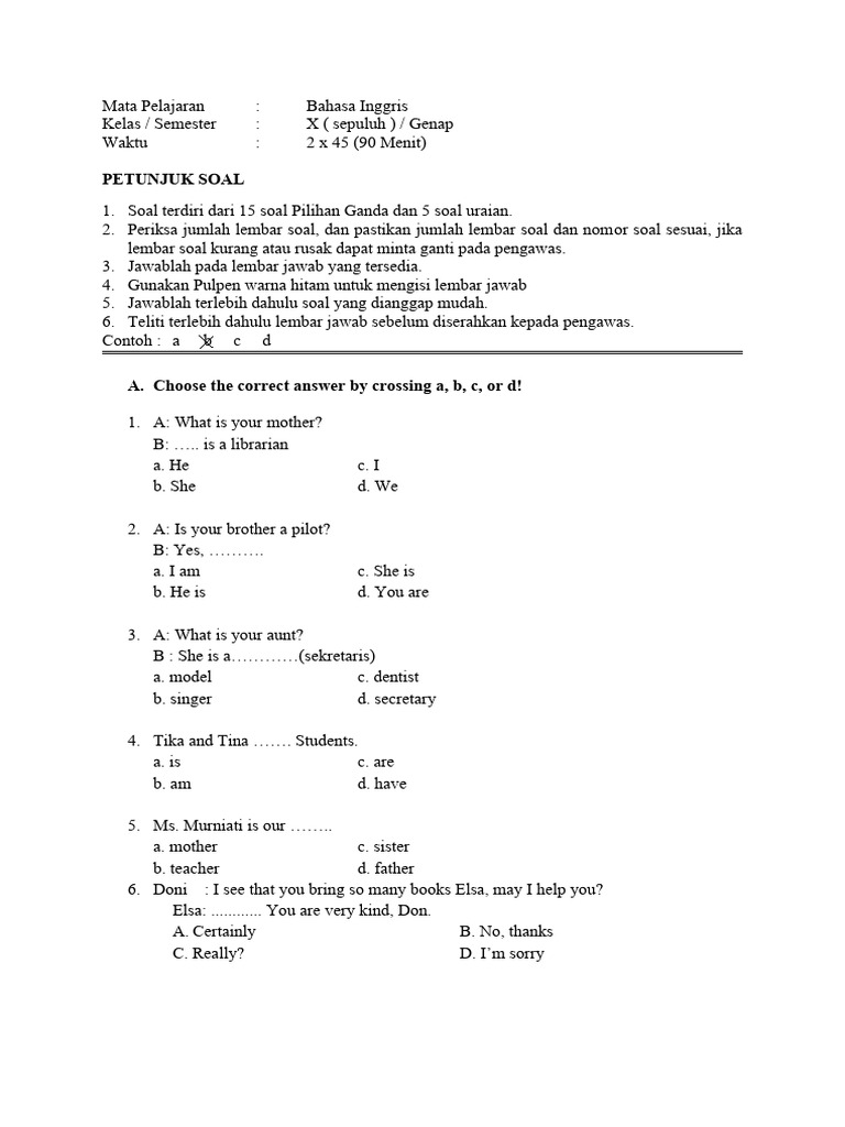 Soal Ujian Kelas 1 SMP Semester 1 Dan 2 | PDF