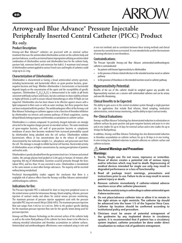 Arrow Pressure Injectable PICC IFU | PDF | Catheter | Intravenous Therapy