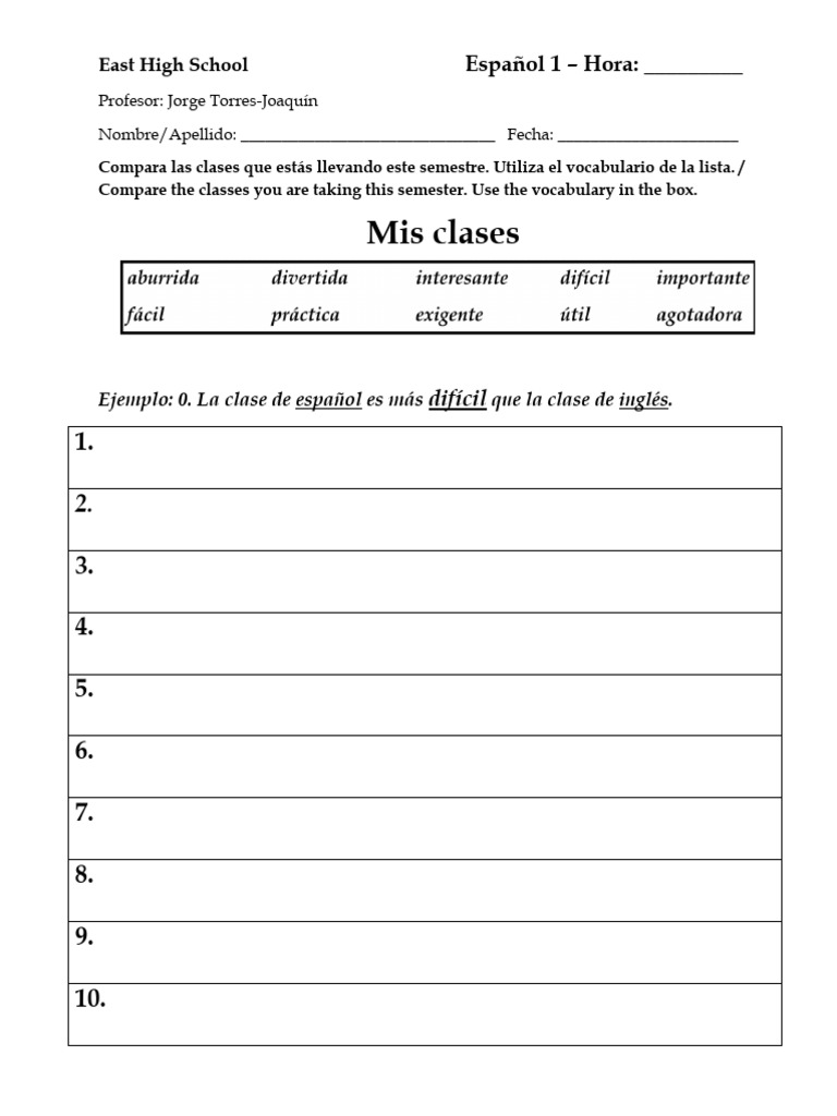 Español 1 - Capítulo 2A - Mis clases - Tarea | PDF