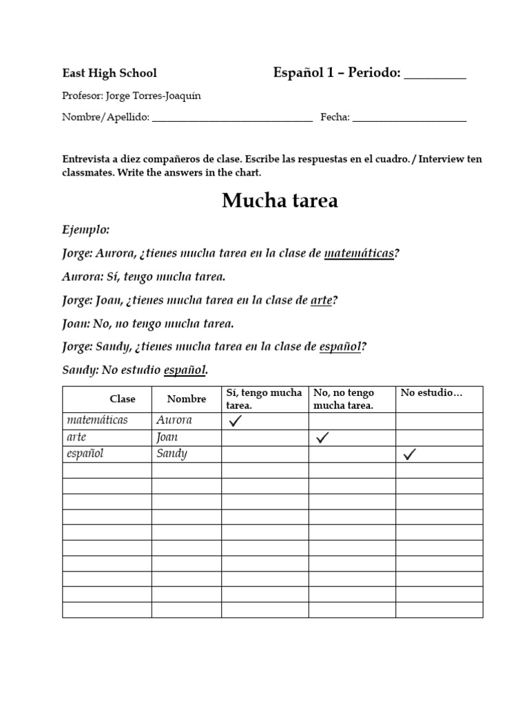 Español 1 - Capítulo 2A - Mucha Tarea - Classwork | PDF