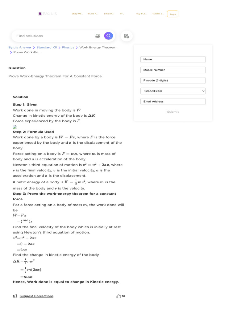 Prove Work Energy Theorem For A Constant Force | PDF | Force | Velocity