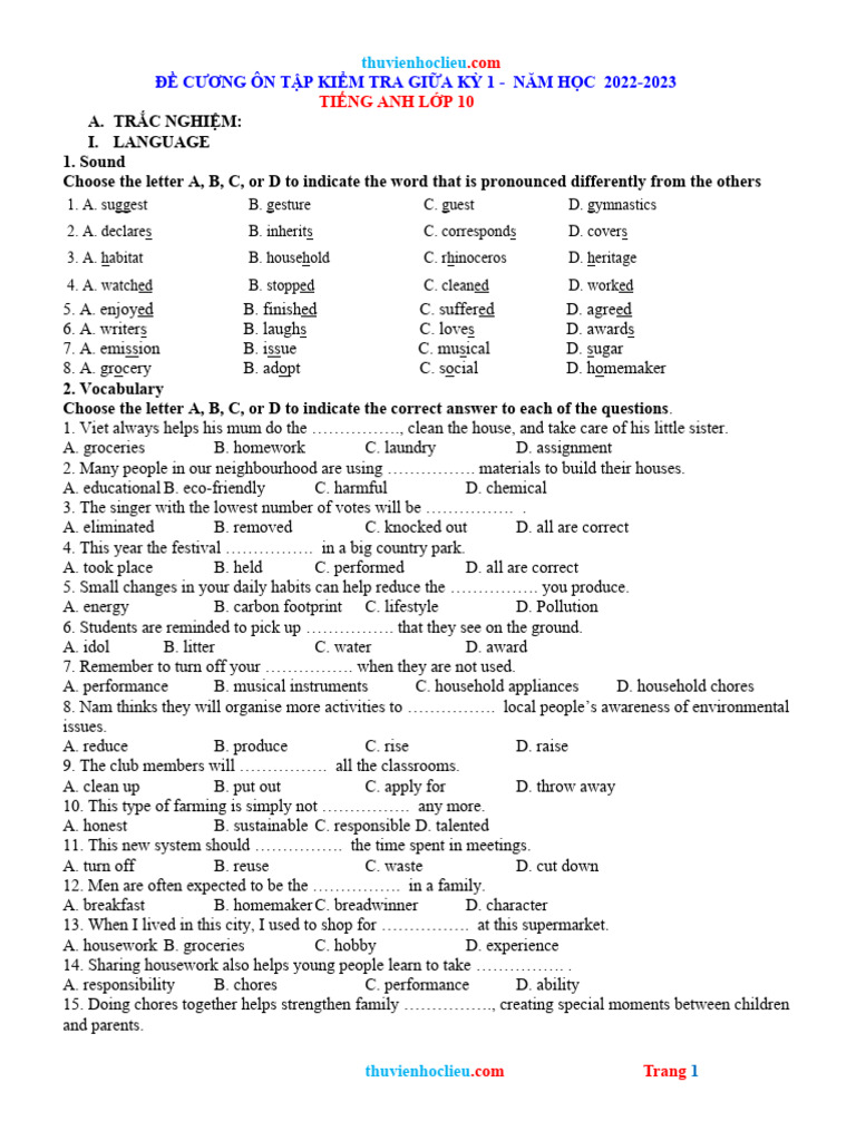 De Cuong On Tap Tieng Anh 10 Giua HK1 Nam 2022 2023 | PDF | Wolfgang Amadeus Mozart