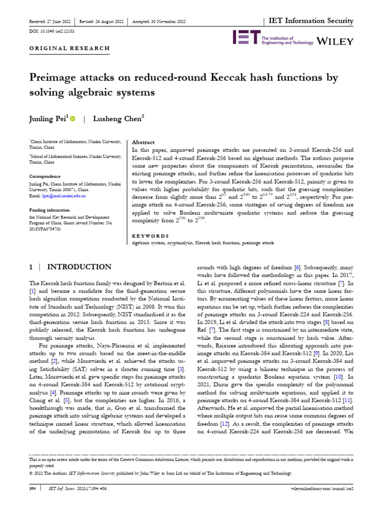 Preimage Attacks On Reduced-Round Keccak Hash Func | PDF | Mathematics | Applied Mathematics