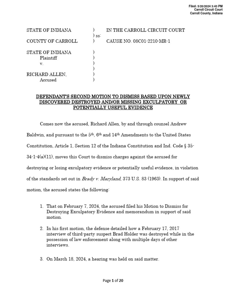 Richard Allen - Motion To Dismiss | PDF | Prosecutor | Brady V. Maryland
