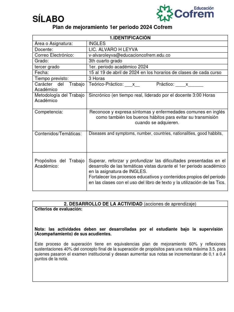 Plan Mejora Inglés 2024 Cofrem | PDF | Evaluación | Cognición