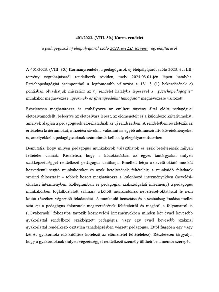 401/2023. (VIII. 30.) Korm. Rendelet Elemzése (Ped.) | PDF