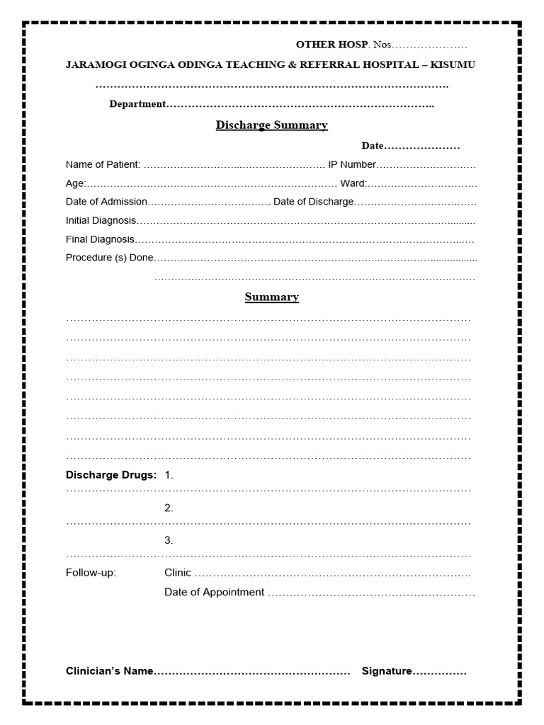 Discharge Summary Template for Hospitals | PDF
