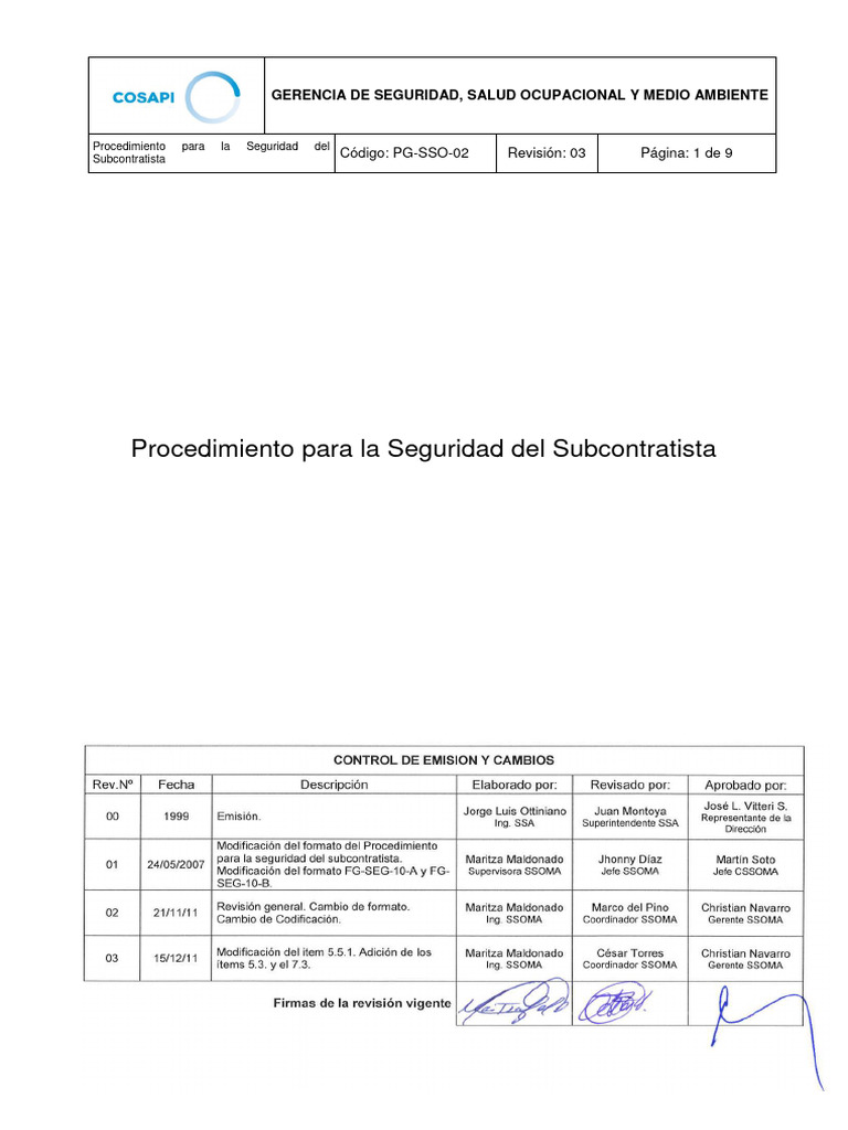 PG-SSO-02 Proc Seguridad Subcontratista - Rev 03 | PDF | Seguridad y salud ocupacional | Outsourcing