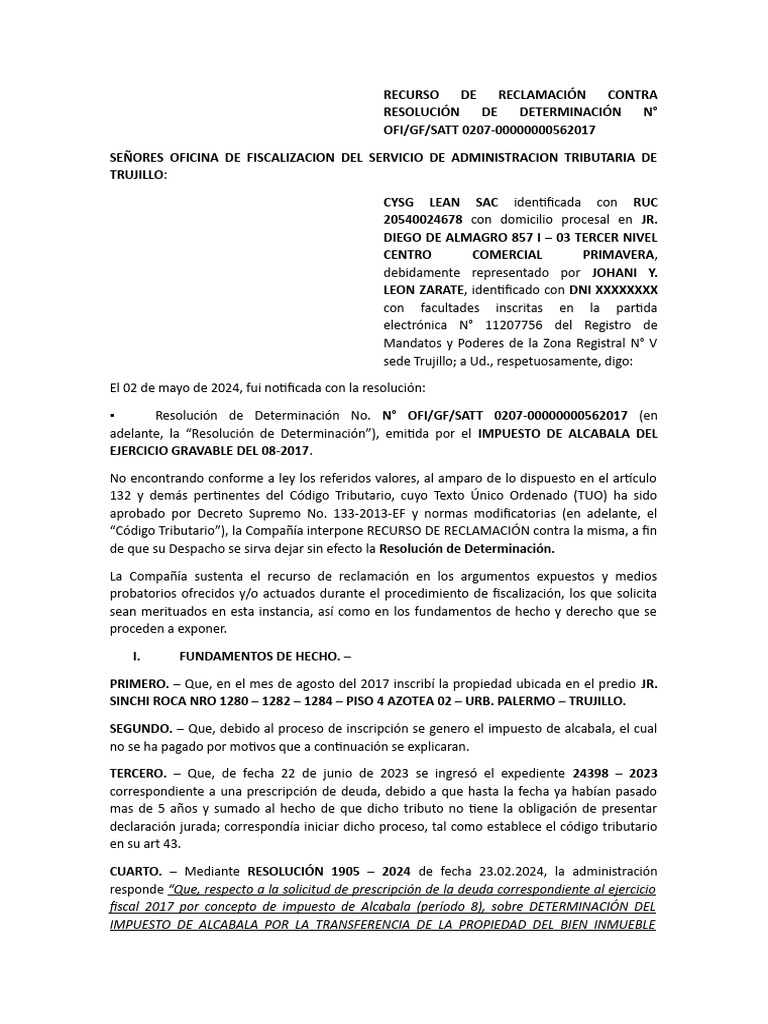 Recurso de Reclamacion Modelo | PDF | Estatuto de limitaciones | Impuestos