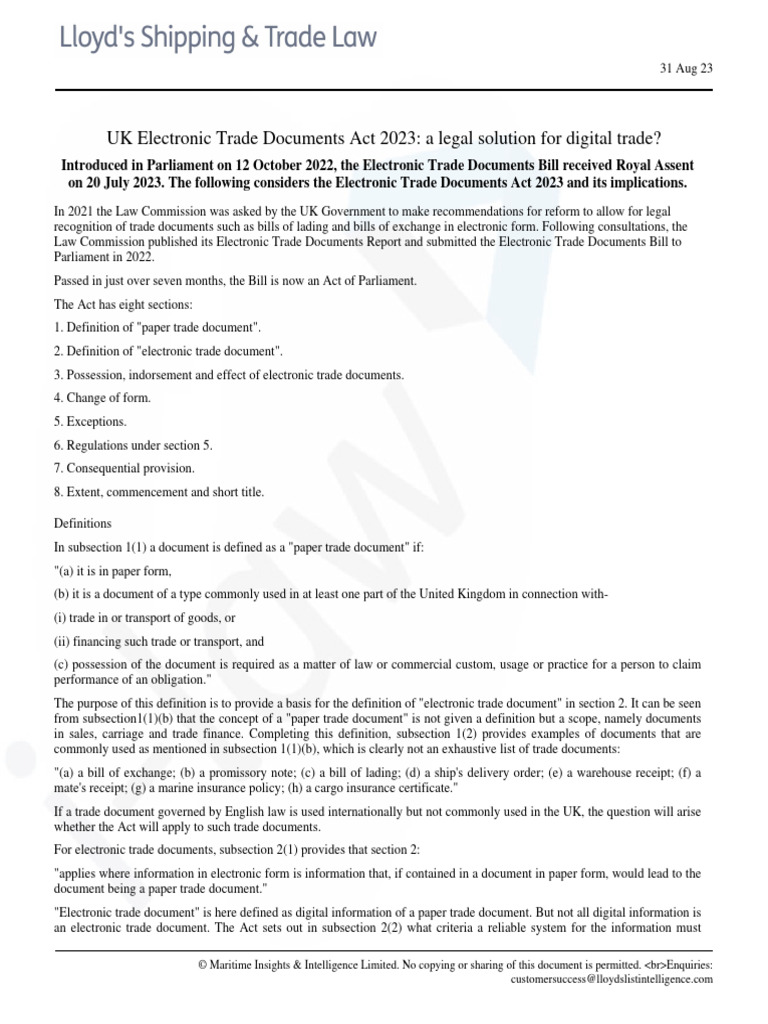 Lloyd's Shipping & Trade Law UK Electronic Trade Documents Act 2023 A ...