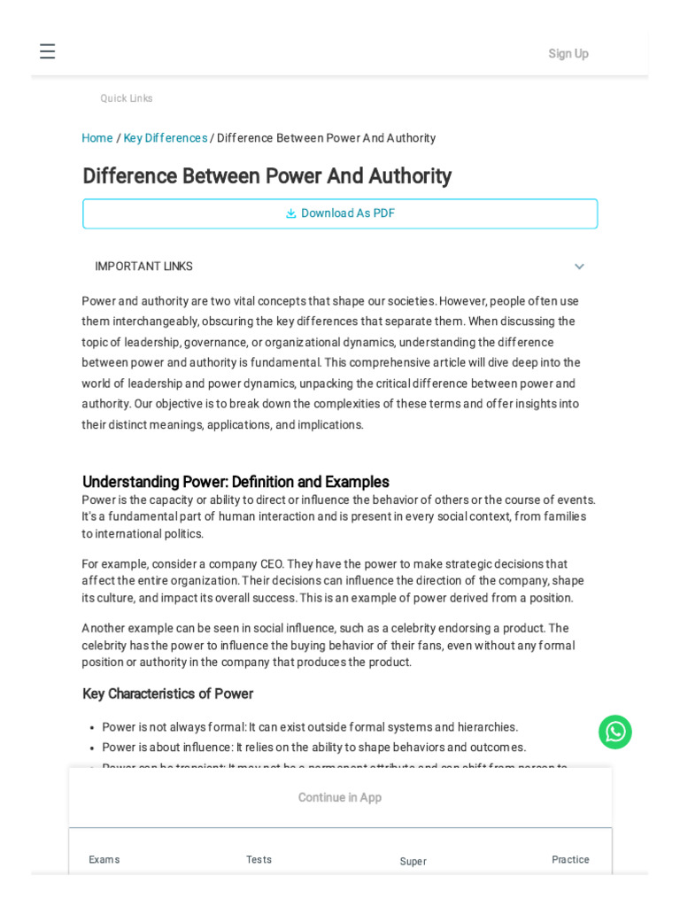 Difference Between Power and Authority - Characteristics & Impact | PDF | Power (Social And ...