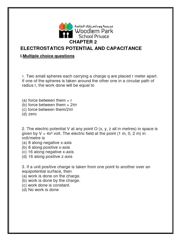 Electrostatic Pitential and Capacitance Practice Sheet Grade 12 | PDF | Capacitance | Capacitor