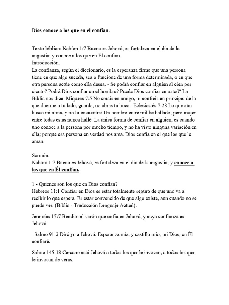 Dios Conoce A Los Que En El Confían Pdf Dios Jehová