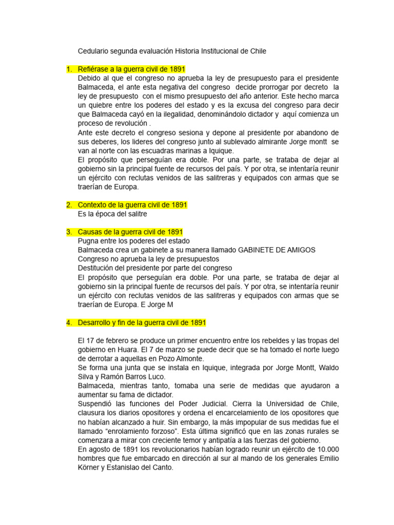 Cedulario Segunda Evaluación Historia Institucional de Chile | PDF | Chile | Sistema parlamentario