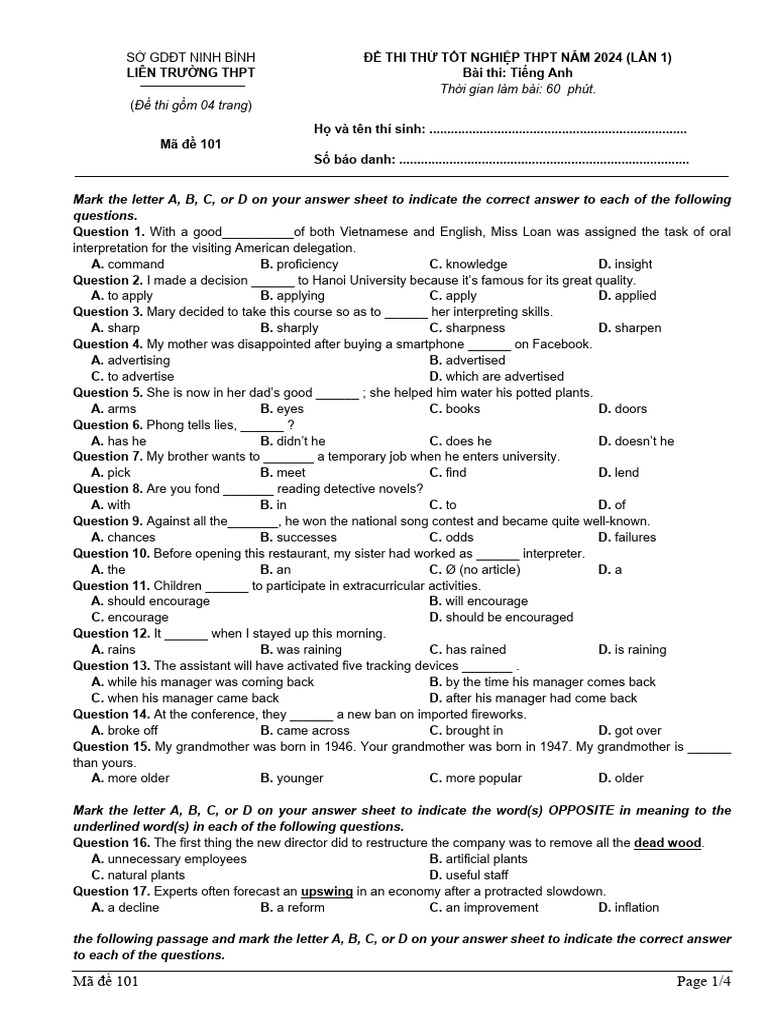 De Thi Thu Tot Nghiep THPT 2024 Mon Tieng Anh Lan 1 Lien Truong THPT Ninh Binh | PDF ...