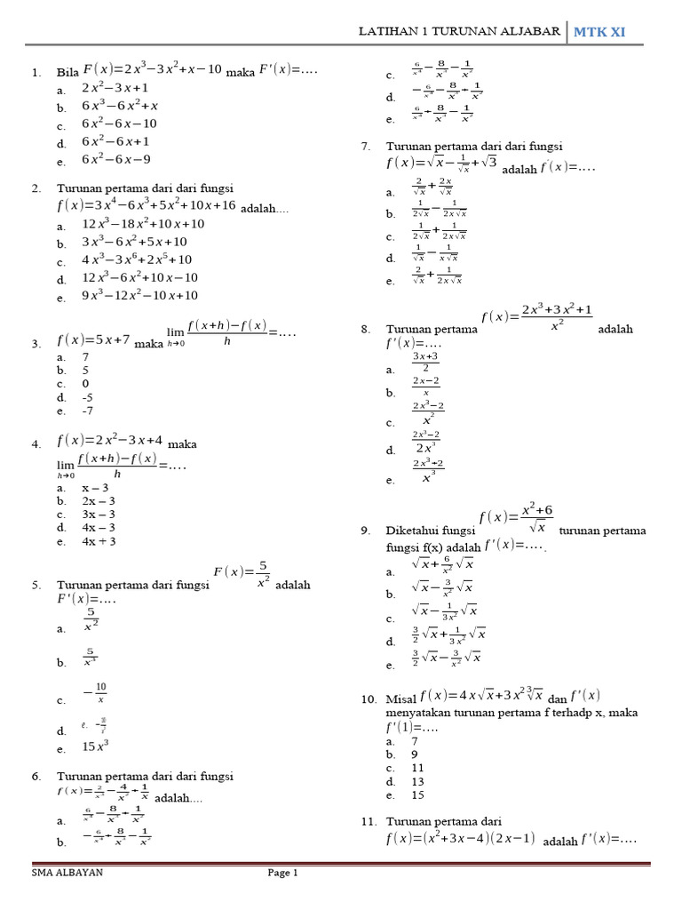 Latihan 1 Turunan Aljabar MTK XI Ok | PDF