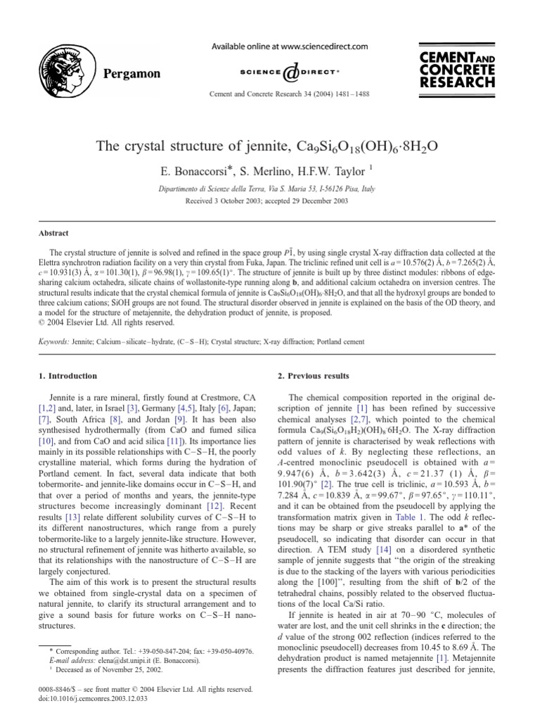 The Crystal Structure of Jennite, Ca9Si6O18 (OH) 68H2O | PDF | X Ray ...
