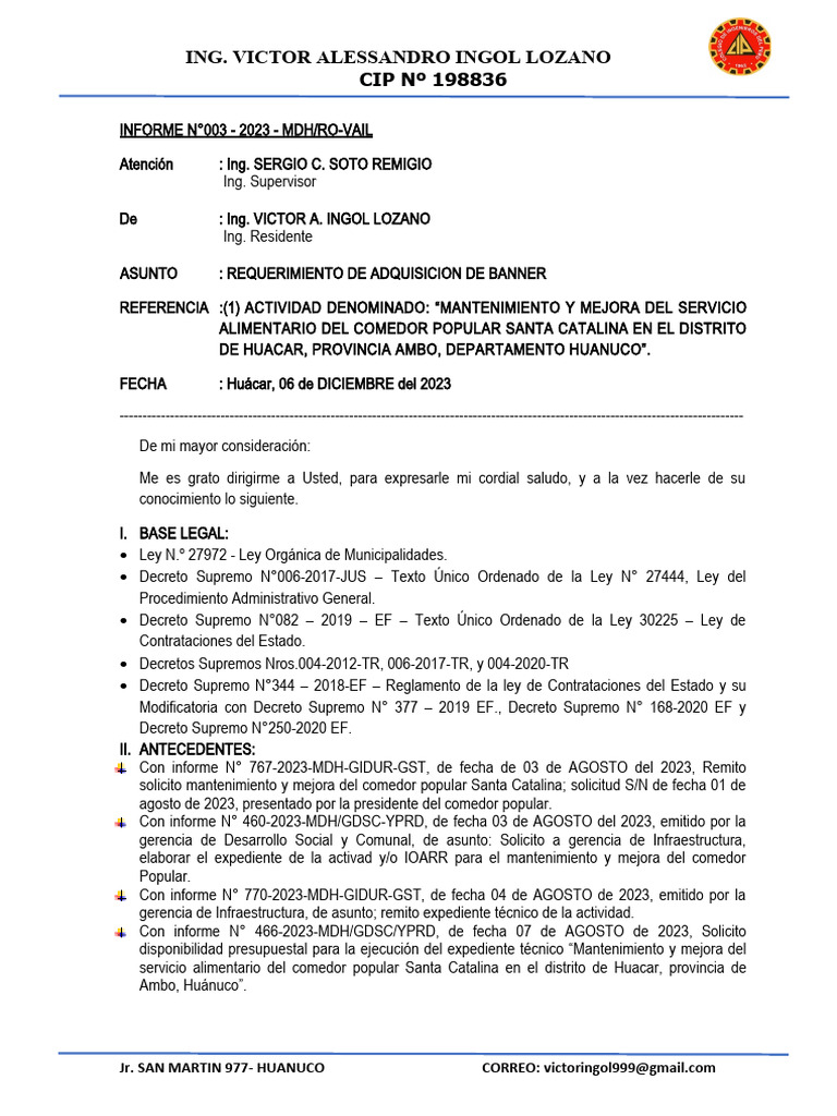 Informe #003-2023 - Requemiento de Banner | PDF | Economias | Justicia