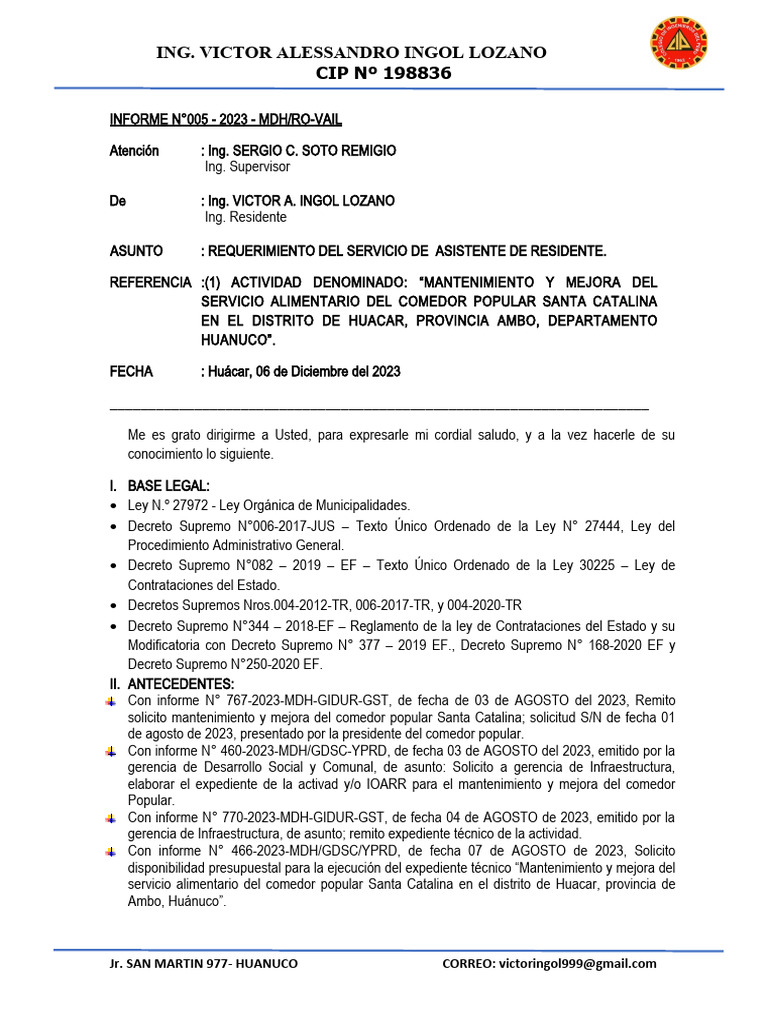INFORME N° 005-2023 REQUERIMIENTO DEL SERVICIO DE ASISTENTE DE RESIDENTE | PDF | Derecho privado ...