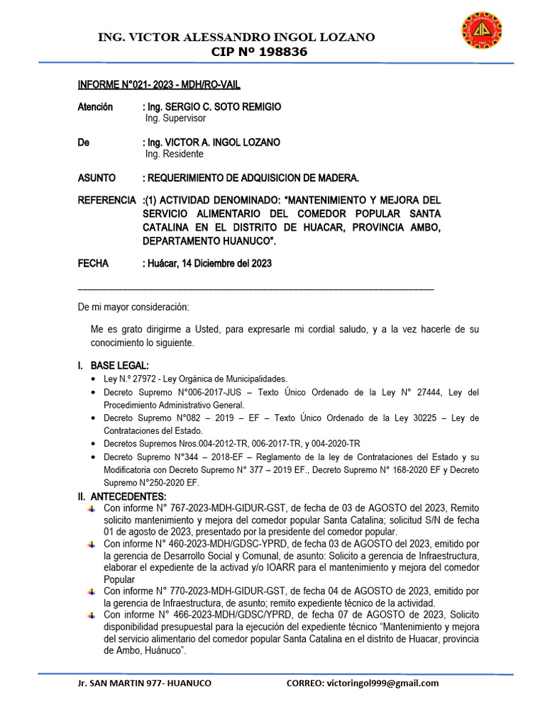 Informe #021-2023 - Requemiento D Madera | PDF | Madera | Hormigón Informe #021-2023 - Requemiento D Madera | PDF | Madera | Hormigón