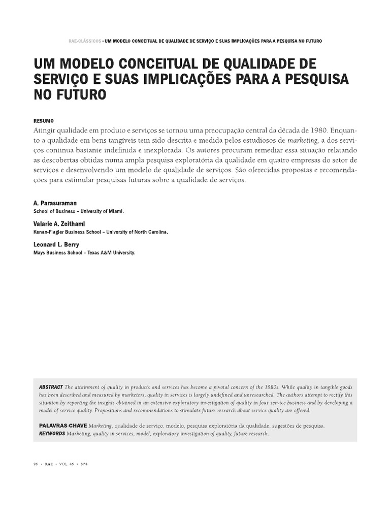 Parasuraman - Zeithaml & Berry 2006 (RAE) Um Modelo Conceitual de ...