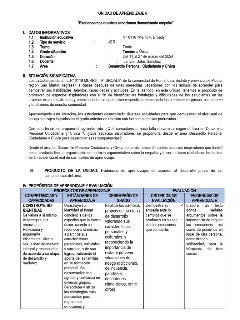 0 Unidad de Evaluacion Diagnostica DPCC - 1° 2024 | PDF | Aprendizaje | Evaluación