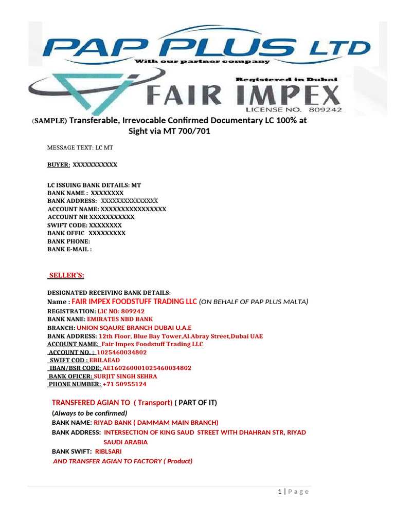 Sight Via MT 700 - 701 | PDF | Letter Of Credit