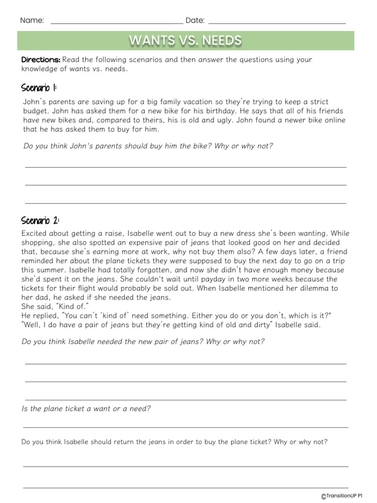 Wants vs. Needs: Scenario 1 | PDF
