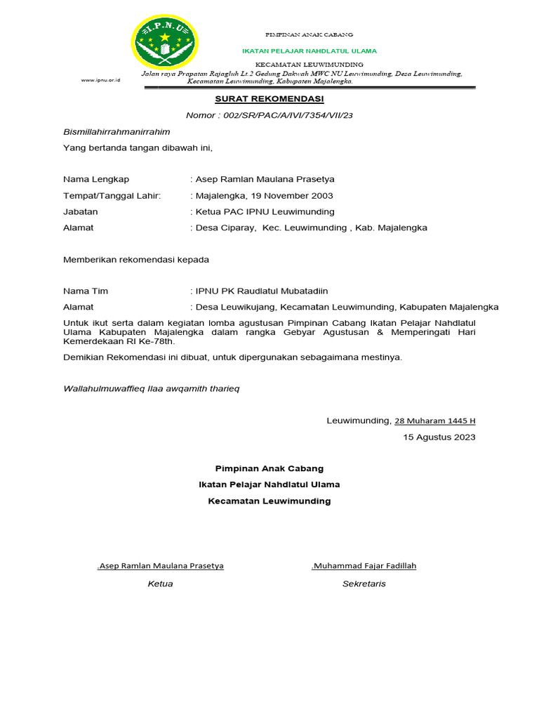 Surat Rekom PAC IPNU LMD PK RIMBO | PDF