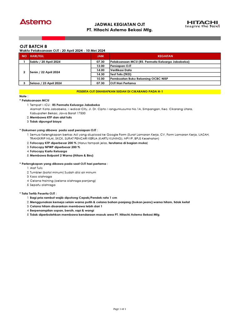 Jadwal Kegiatan OJT BATCH 8_ 2024 | PDF