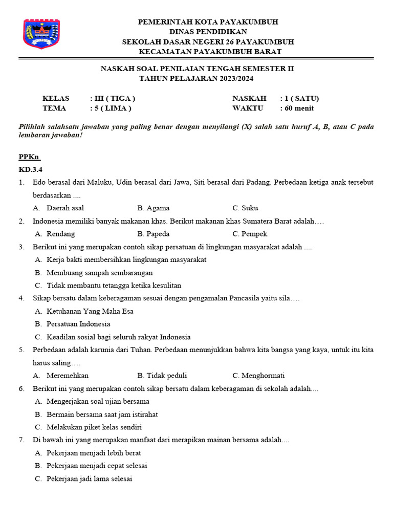 Soal PTS Kelas 3 Tema 5 Naskah 1 (Bi & PPKN) 2024 | PDF