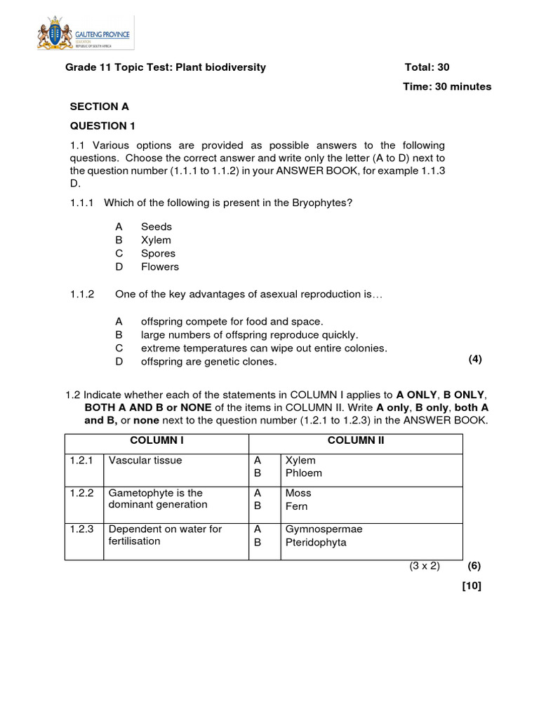 Grade 11 Plant Biodiversity Test | PDF | Plants | Reproduction