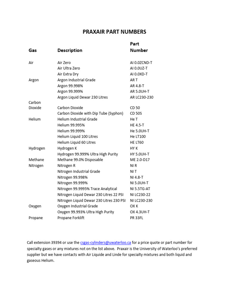 Praxair Part Numbers-May 2018 | PDF