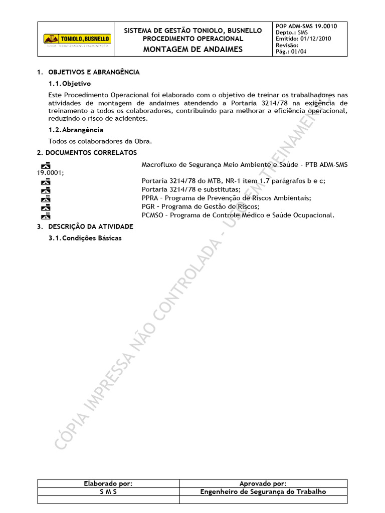 POP - Montagem de Andaimes | PDF | Tecnologia e Engenharia