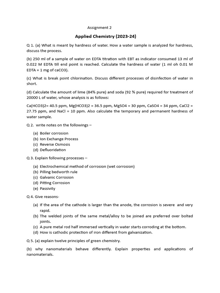 Assignment 2 Applied Chemistry (2023-24) | PDF