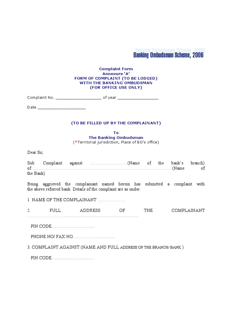 Complaint Form Annexure A' Form of Complaint (To Be Lodged) With The ...