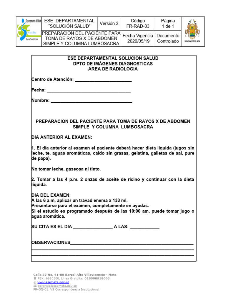 FR-RAD-03 PREPARACION DEL PACIENTE PARA TOMA DE RAYOS X DE ABDOMEN ...