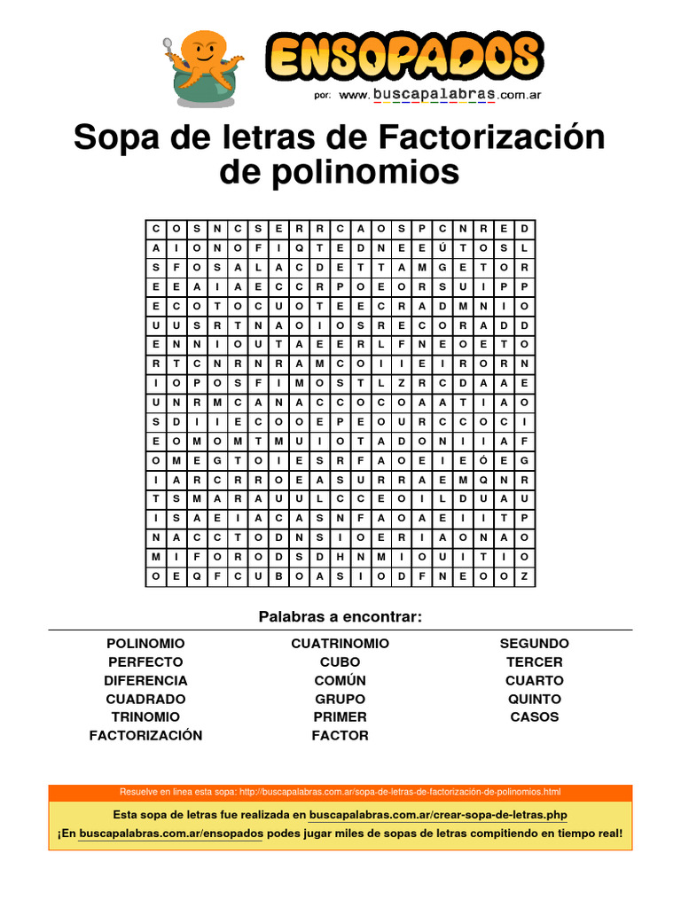 Sopa De Letras Factorización De Polinomios Pdf Factorización