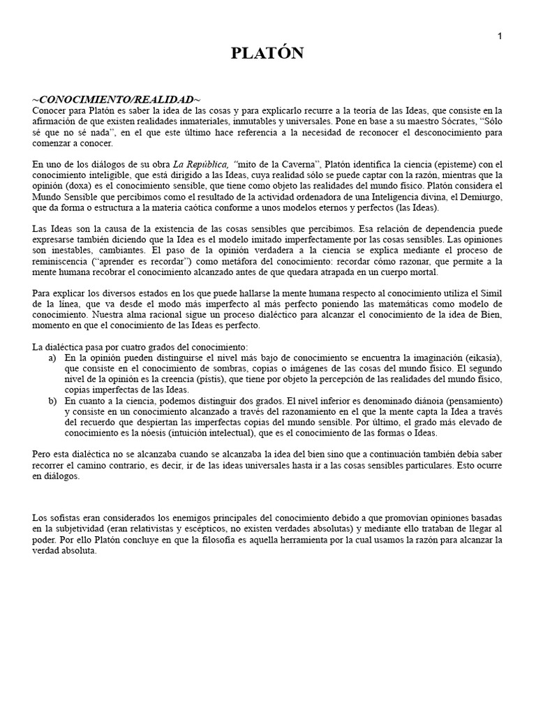 Platón EVAU | PDF | Platón | Conocimiento