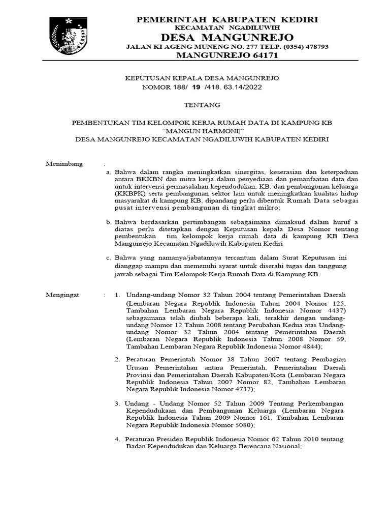 Pembentukan Tim Rumah Data Kampung KB | PDF