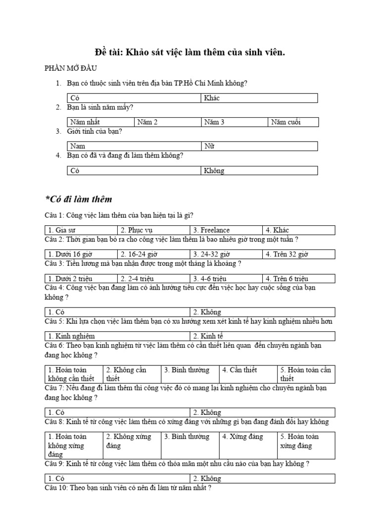 CÂU HỎI FORM KHẢO SÁT TKUD | PDF