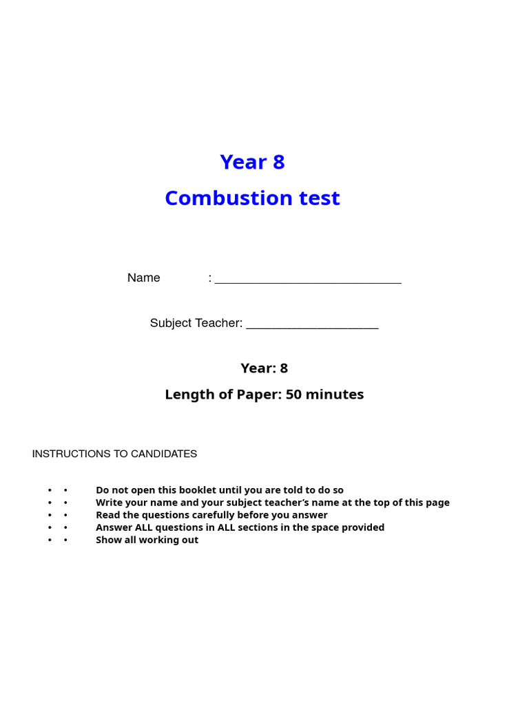 Year 8 Combustion Test Paper | PDF | Combustion | Atmosphere Of Earth