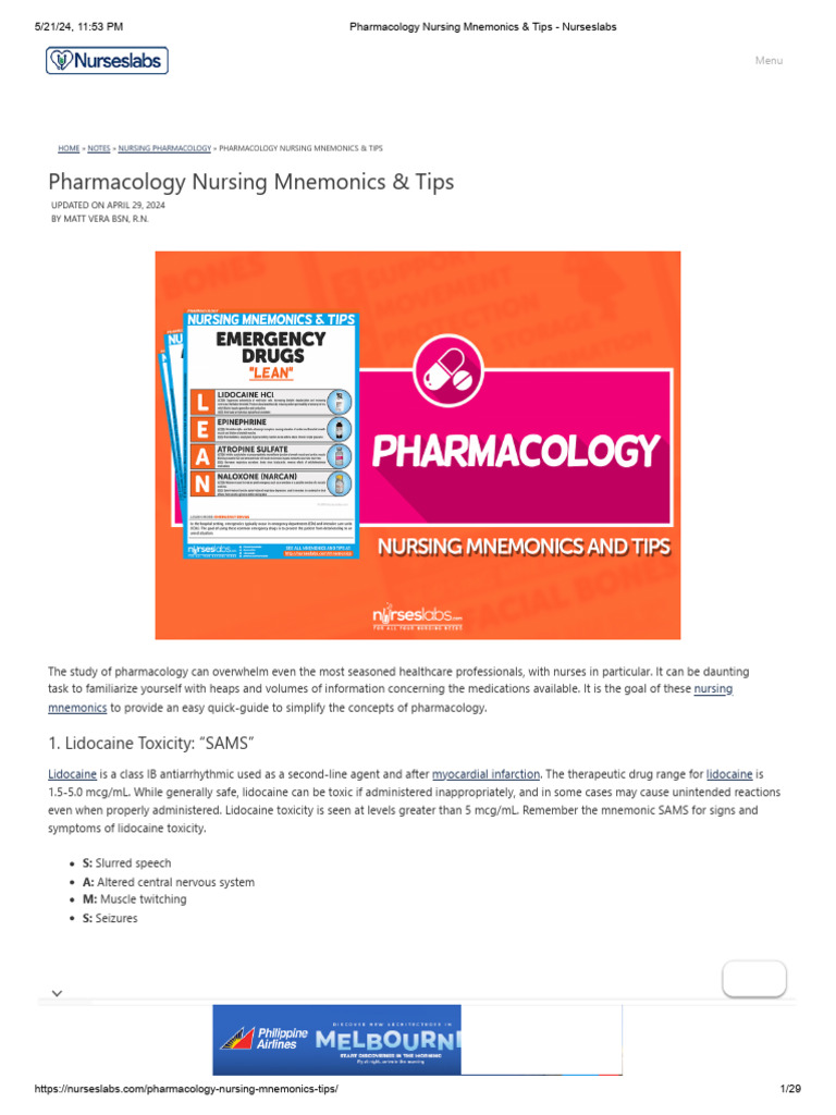 Pharmacology Nursing Mnemonics & Tips | PDF | Heart | Heart Rate