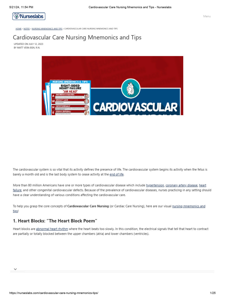 Cardiovascular Nursing Mnemonics Guide | PDF | Heart | Myocardial ...