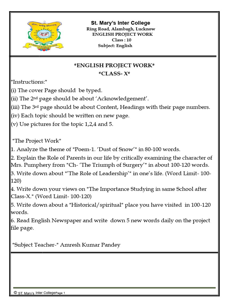 English Project Work Class-X | PDF
