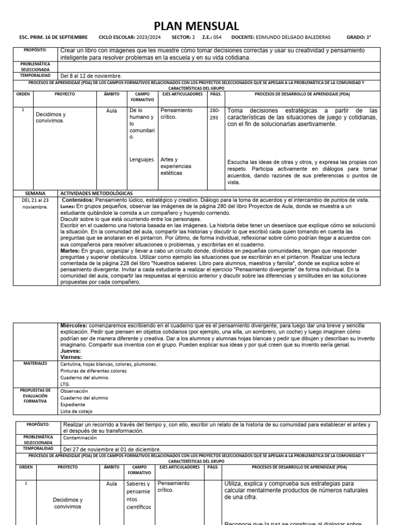 Planeacion Mes de Noviembre | PDF | Pensamiento | Cuaderno